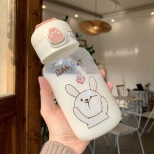 bxcnckd kawaii water bottle cute water bottle with straw glass safety water bottle portable strap water bottle(bunny,500ml)