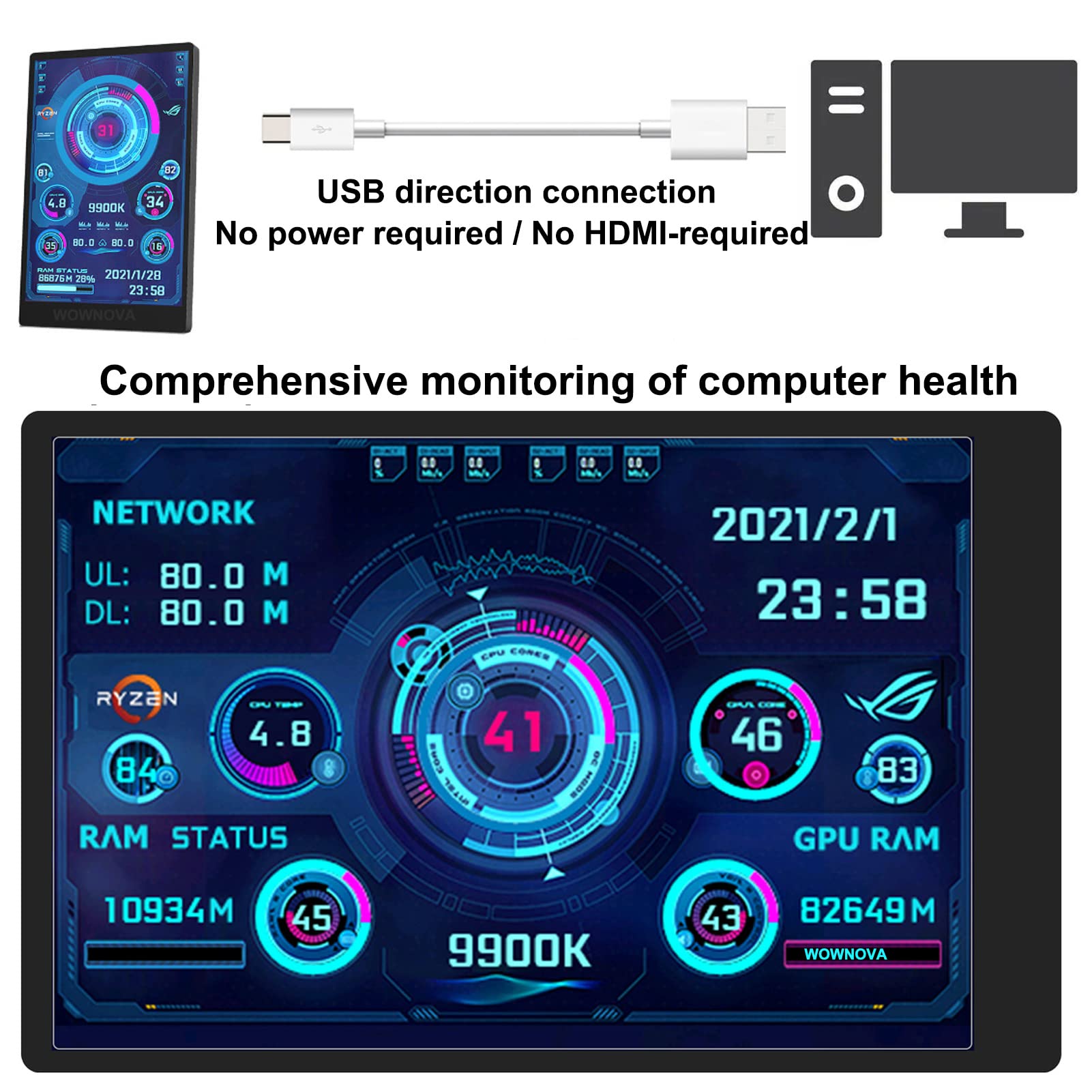 WOWNOVA English Version Computer Temp Monitor, PC Sensor Panel Display, PC Temperature Display for PC ARGB Computer Case Secondary Screen, IPS USB Mini Screen PC CPU RAM HDD Data Monitor