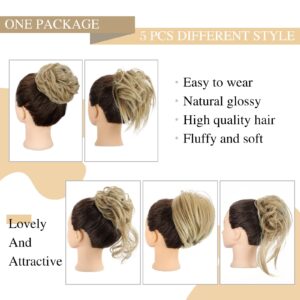 HMD 5 Pieces Messy Hair Bun Hairpiece Tousled Updo for Women Hair Extension Ponytail Scrunchies with Elastic Rubber Band Long Updo Messy Hairpiece Hair Accessories Set for Women（27/613）