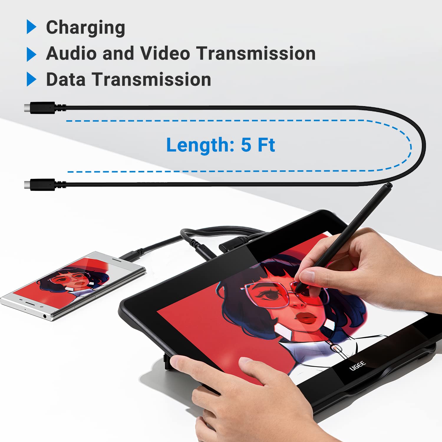 UGEE USB C to USB-C Cable 5FT Support 3 in 1 Type C Fast Charging Cable，Video Data Transfer Compatible U1200/U1600 Drawing Tablet with Screen