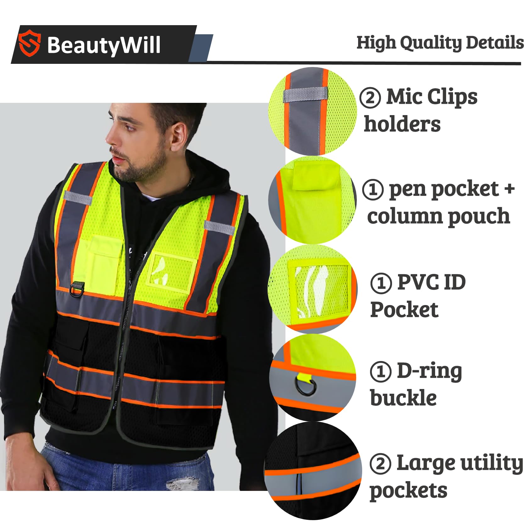 BeautyWill Custom Mesh Safety Vest Customized Logo Class2 High Visibility Reflective Vest with Pockets Construction workwear （Yellow Black，L ）