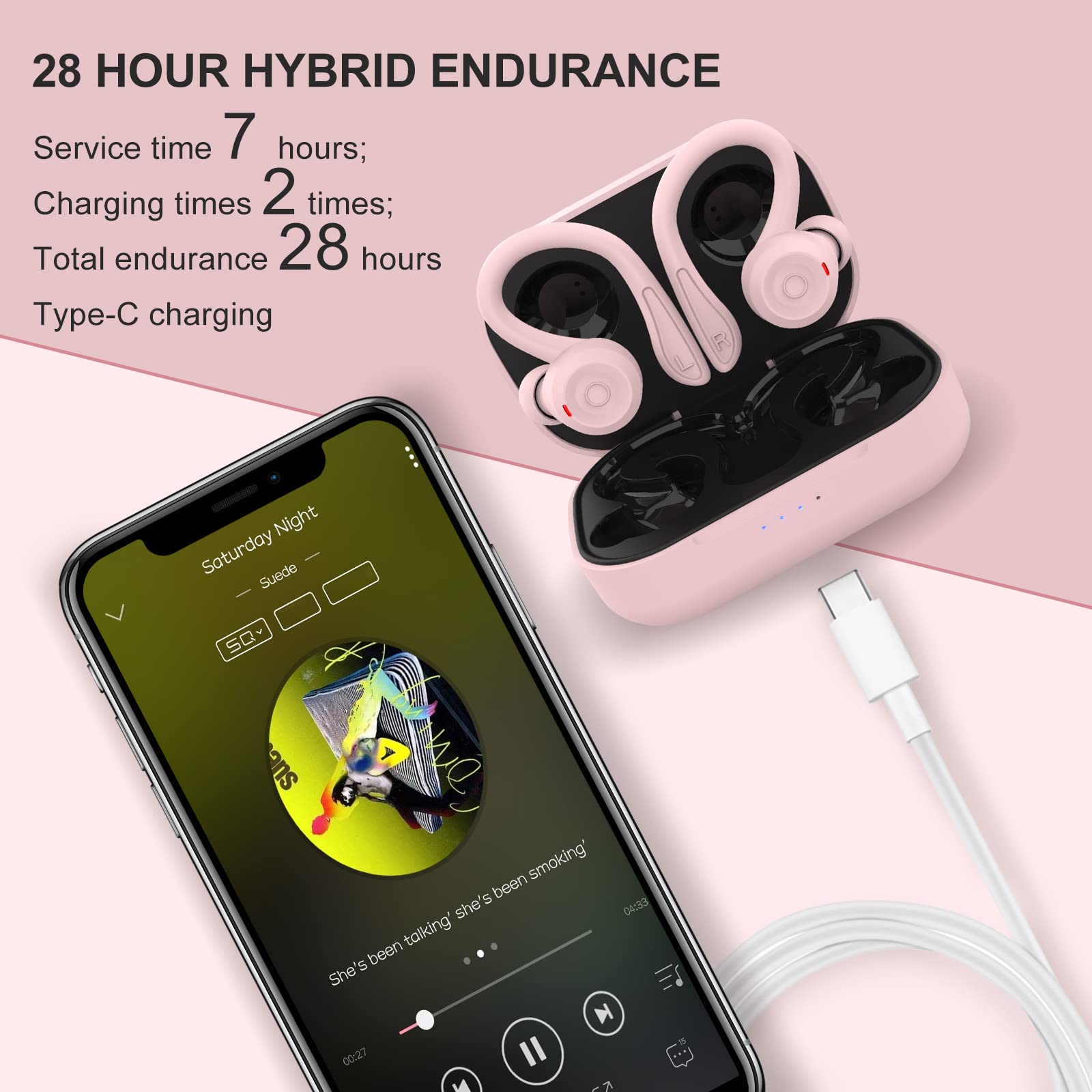 Pink Wireless Earbuds with Earhooks Bluetooth Earbuds with Ear Hook Waterproof Sport Headphones Noise Cancelling Ear Buds with Microphone Long Battery Life Earphones for Running Workout Android iOS