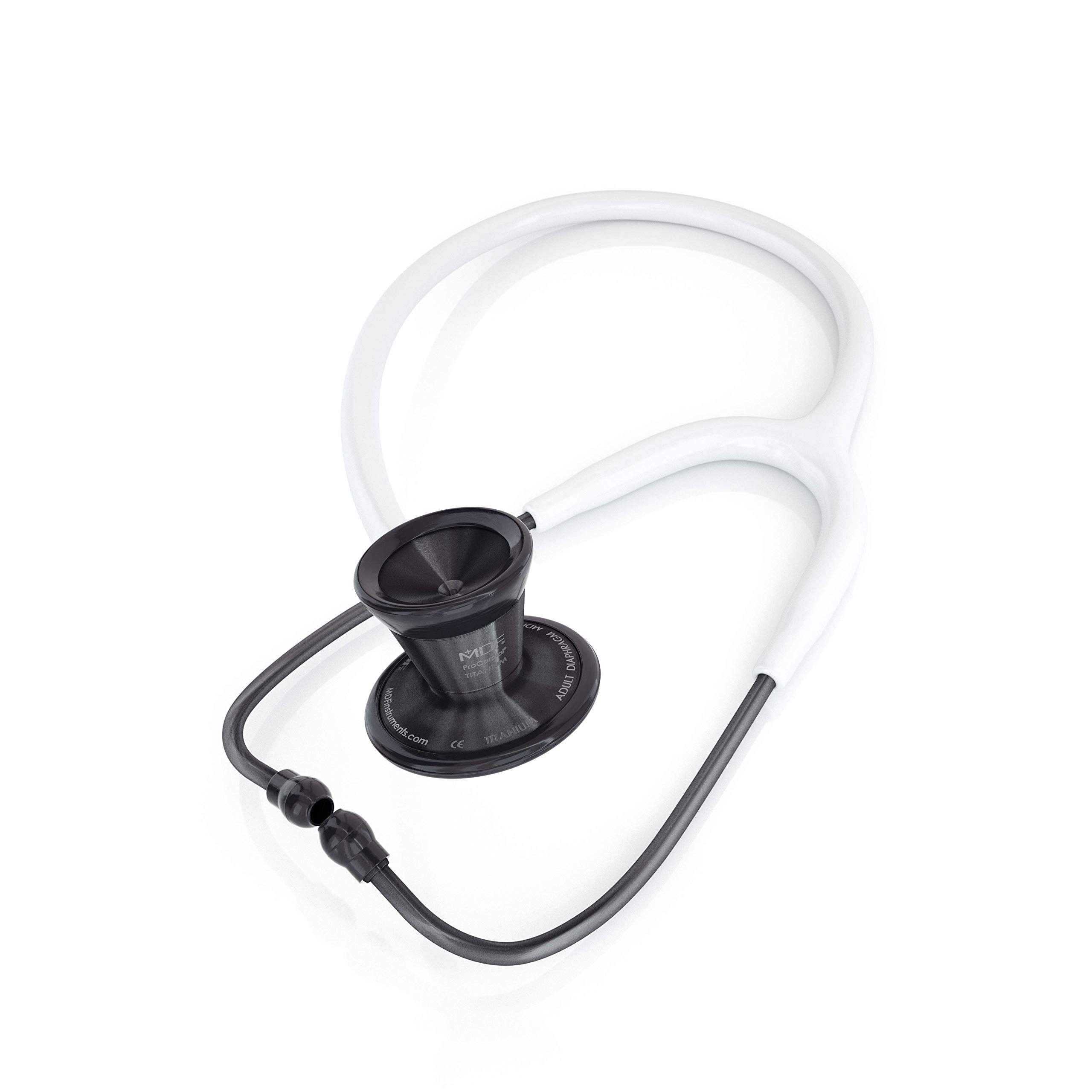 MDF Instruments ProCardial Cardiology Stethoscope, Lightweight Titanium Adult Dual Head, Free-Parts-for-Life White Tube, Black Chestpiece-Headset, MDF797TBO29, Pediatric & Neonatal Attachments w/Clip