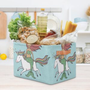 Cute Mermaid Rectangular Storage Basket, Mermaid Unicorn Fabric Storage Bin with Leather Handles Collapsible Storage Bin Nursery Hamper for Organizing Toys, Clothes, Books, Gift Baskets-1 Pcs