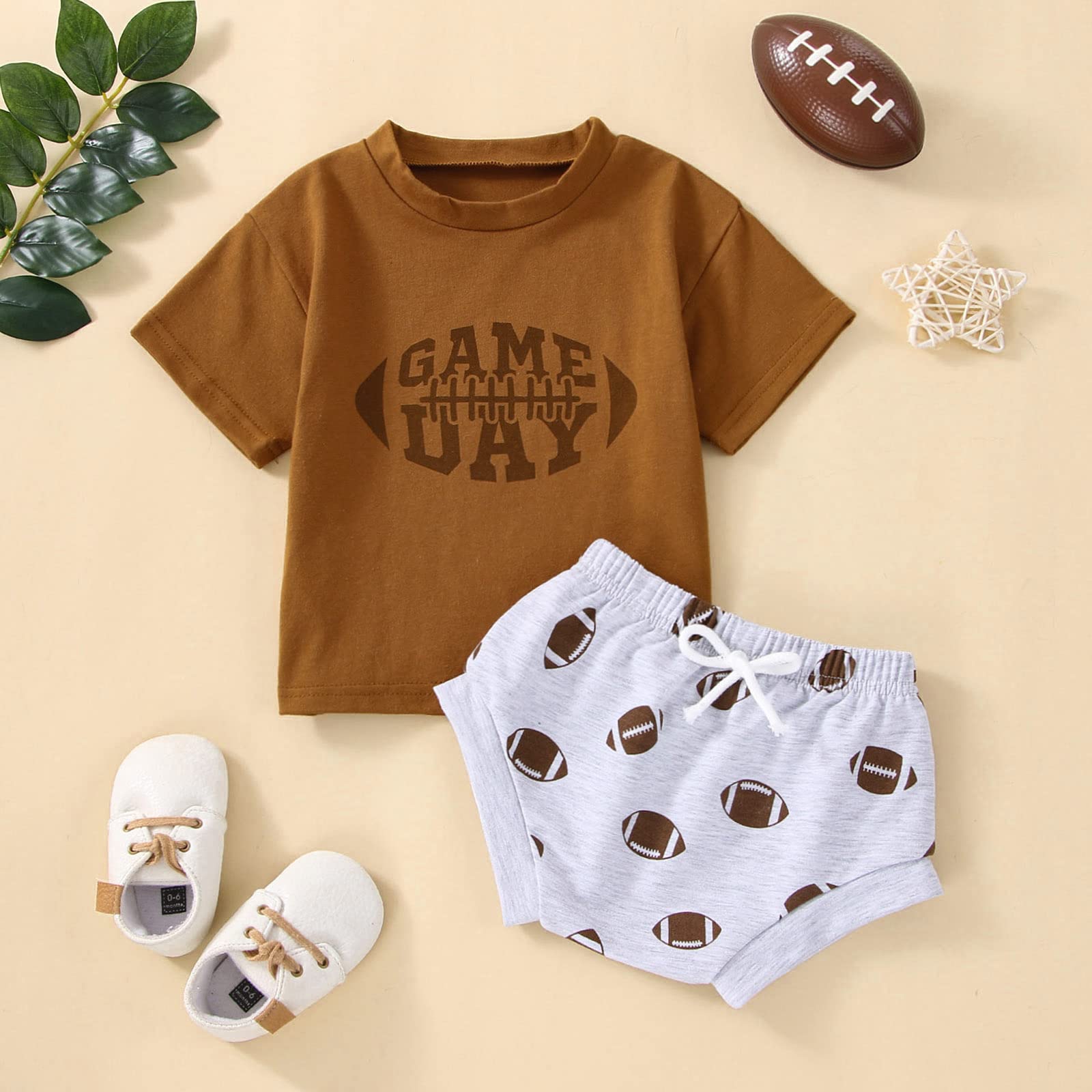 Endorothii Infant Baby Boy Football Outfit Game Day Print Short-Sleeve T-Shirt Tops and Shorts Summer Clothes Set (6-12 Months,Brown)