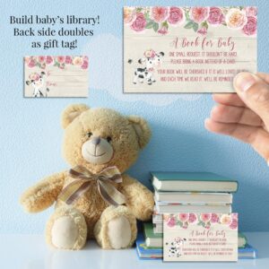 Amanda Creation Watercolor Pink Floral Cow “Bring a Book” Cards for Baby Showers, 20 2.5 by 4 Inch Double Sided Insert Cards, Invite Guests to Bring a Book for the Baby