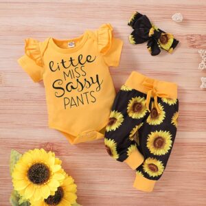 Cabucale Baby Girl Sunflower Printing Newborn Babysuit Long Pants T Shirt Kids Toddler Children Tops Outfits With Hairband