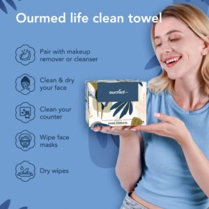 ourmed life Disposable Face Towel | Lint-Free Biodegradable Towels | Face Clean Dry Makeup Remover Wipes | Super Soft & Thick for Sensitive Skin | 10-Inch X 12-Inch Extra Large | 50 Count