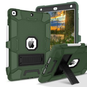 bentoben ipad 9th generation case, ipad 8th / 7th generation case, heavy duty rugged 3 in 1 shockproof kickstand hybrid three layer protective cover with pen holder for ipad 10.2, dark green/black