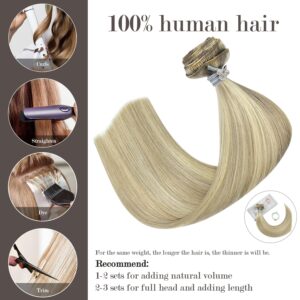 Honsoo Clip in Hair Extensions Real Human Hair, Balayage Hair Extensions Mixed Bleach Blonde 12inch 70g 7pcs Straight Silky Blonde Hair Extensions Heat Safe Hair