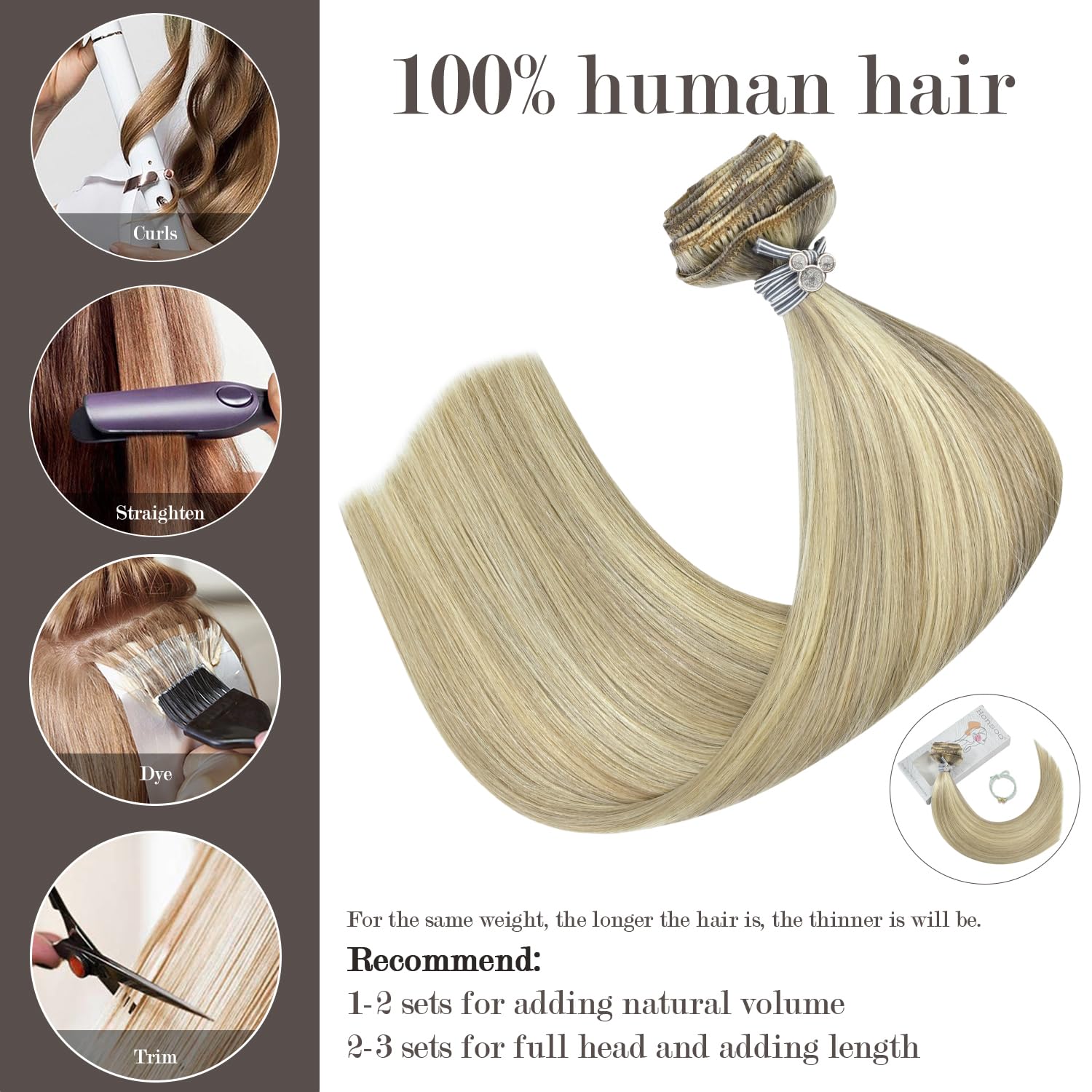 Honsoo Clip in Hair Extensions Real Human Hair, Balayage Hair Extensions Mixed Bleach Blonde 12inch 70g 7pcs Straight Silky Blonde Hair Extensions Heat Safe Hair