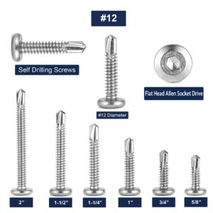 #12 x 1" Sheet Metal Screws 100Pcs 410 Stainless Steel Flat Head Socket Cap Screws, Tek Screws Allen Socket Drive Screws Fast Self Tapping Screws by SG TZH