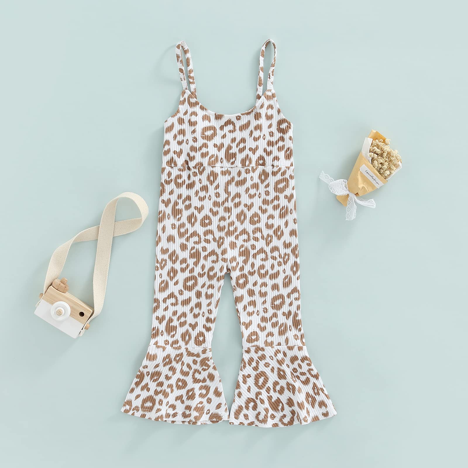 brilliantme Toddler Girl Bell Bottom Romper Baby Leopard One Piece Ribbed Cotton Jumpsuit Flare Pants Overalls Playsuit Summer Clothes (B# Leopard-White Brown, 6-12 Months)