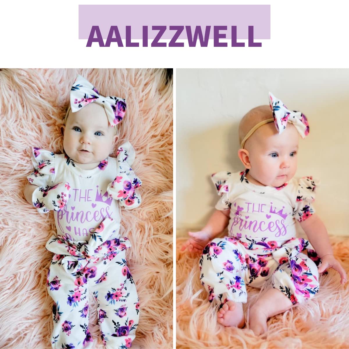 Aalizzwell Baby Girls Outfit 0-3 Months, Newborn Infant Princess Arrived Clothes Short Sleeve Floral Spring Summer Clothing Purple