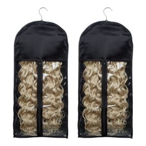 2 pack hair extension holder with satin storage bag wig hanger hairpieces bag wigs carrier case for store style human synthetic hair black color