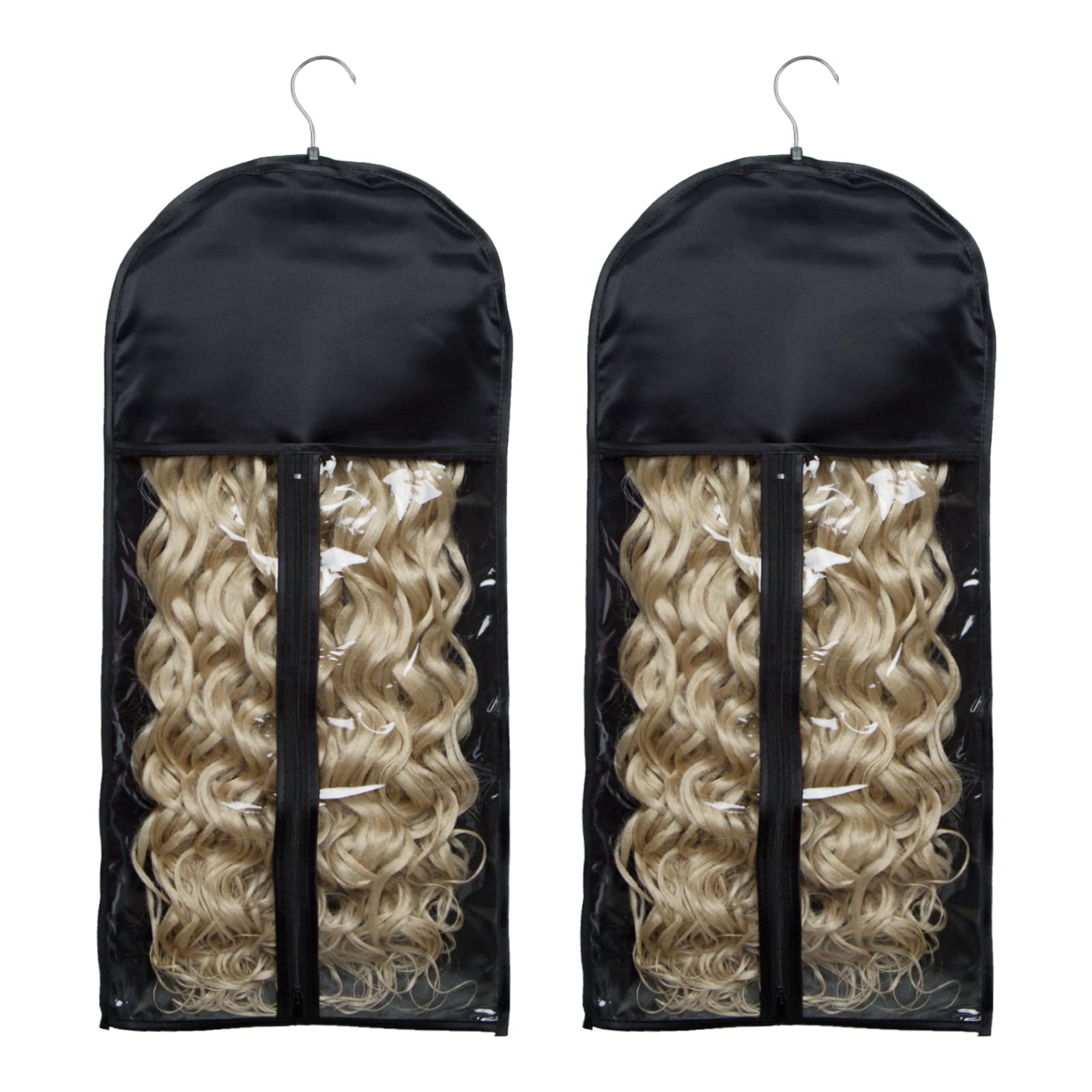 2 Pack Hair Extension Holder with Satin Storage Bag Wig Hanger Hairpieces Bag Wigs Carrier Case for Store Style Human Synthetic Hair Black Color