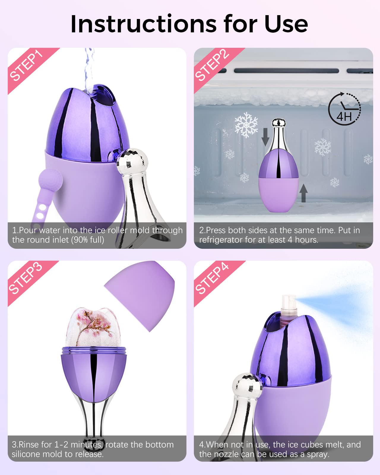 Ice Face Roller, Ice Roller and Spray for Face and Eye Puffiness Relief, Facial Ice Roller Ice Mold Reusable Beauty Ice Cube Ice Holder Skin Care Tool to Brighten & Tighten Skin, Shrink Pores(Purple)