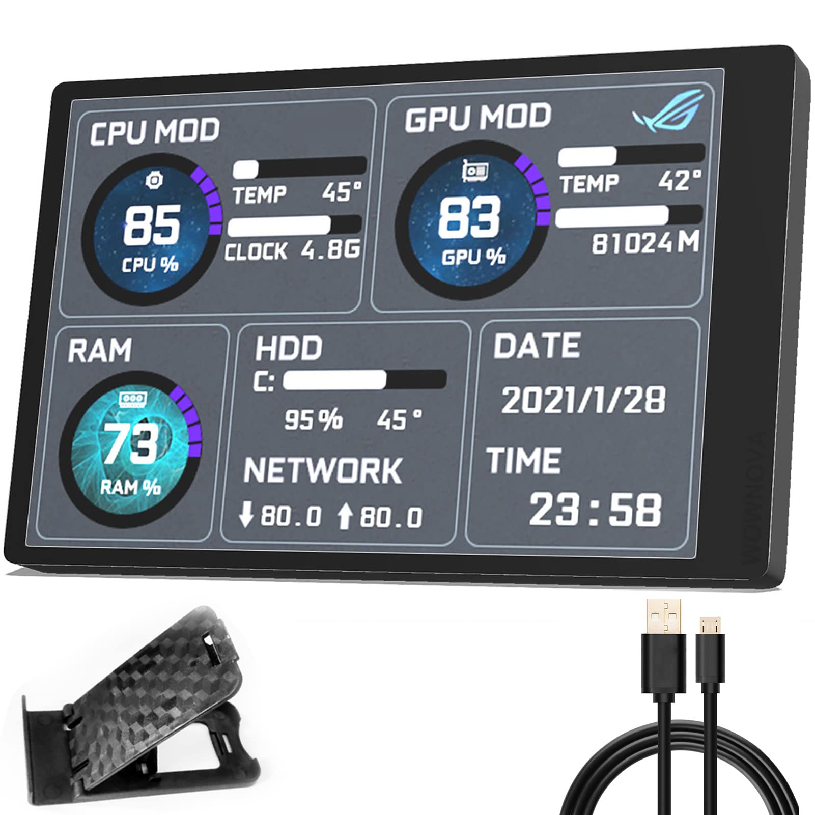 WOWNOVA English Version Computer Temp Monitor, PC Sensor Panel Display, PC Temperature Display for PC ARGB Computer Case Secondary Screen, IPS USB Mini Screen PC CPU RAM HDD Data Monitor