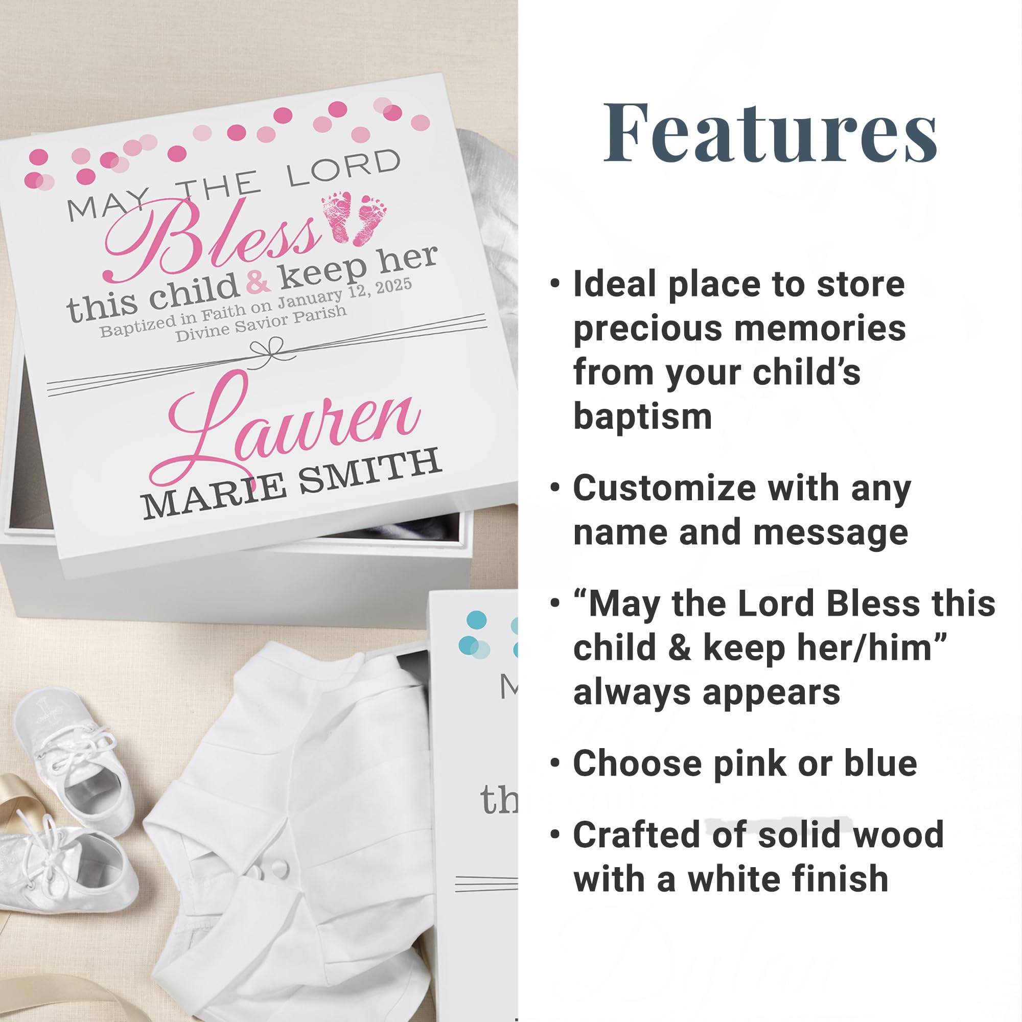 Let's Make Memories Personalized Keepsake Box for Baptism - Memories Box - Memento Storage - For Girls (Pink) - 6" Hx12 Sq