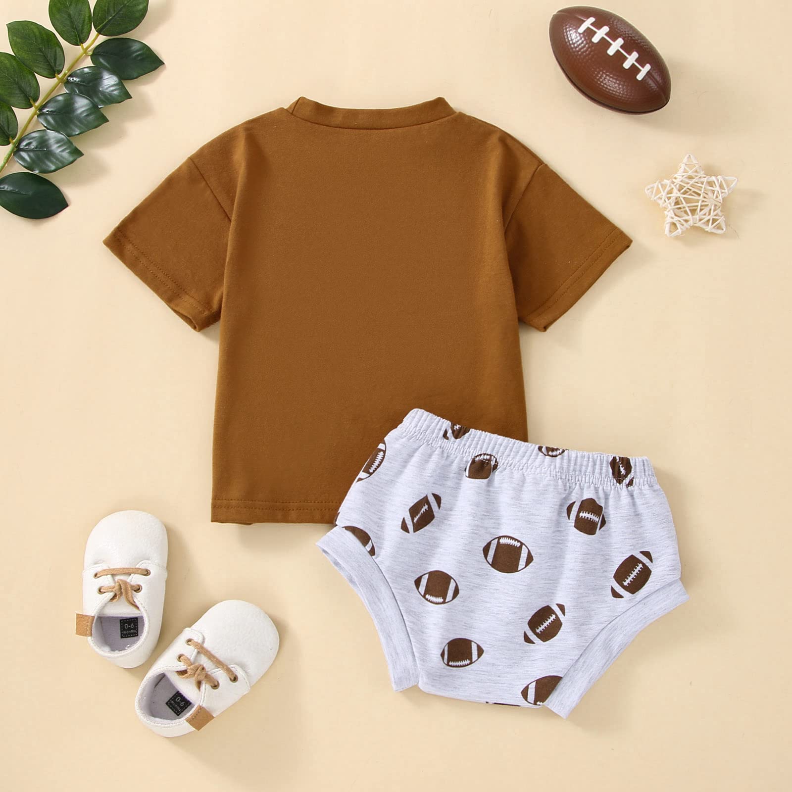 Endorothii Infant Baby Boy Football Outfit Game Day Print Short-Sleeve T-Shirt Tops and Shorts Summer Clothes Set (6-12 Months,Brown)