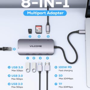 USB C Hub Multiport Adapter, Vilcome 8 in 1 USB C Hub with Gigabit Ethernet, 4K HDMI, 100W PD Charging, USB 3.0 5Gbps Data Ports, SD/TF Card Reader, for MacBook Pro/Air HP Dell Laptop