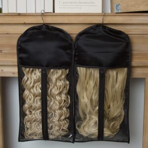 2 Pack Hair Extension Holder with Satin Storage Bag Wig Hanger Hairpieces Bag Wigs Carrier Case for Store Style Human Synthetic Hair Black Color