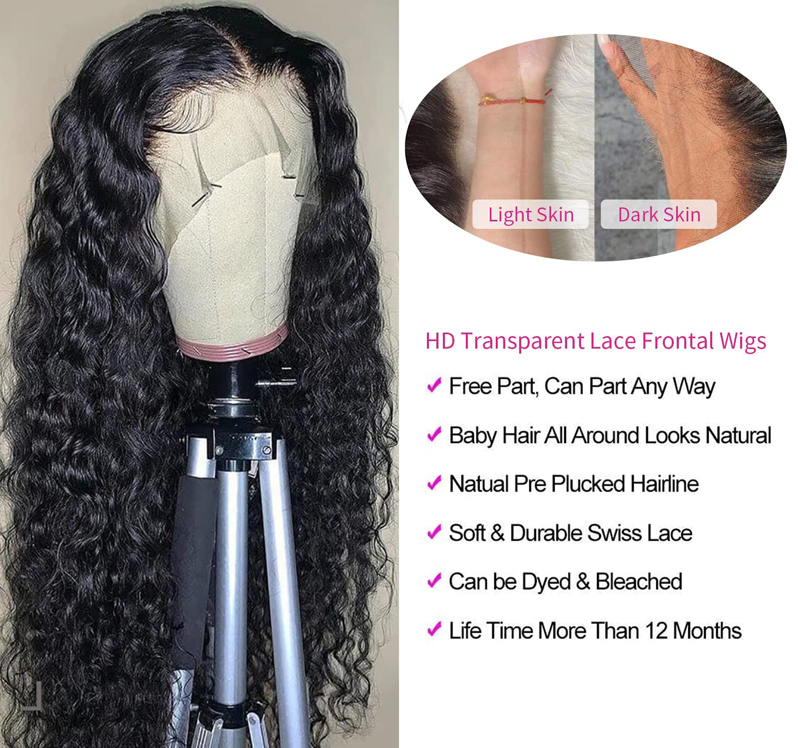 26 Inch Deep Wave Lace Front Wigs Human Hair Wigs for Black Women 180% Density HD Transparent 13×4 Lace Front Glueless Wigs Human Hair Pre Plucked with Baby Hair Deep Curly Lace Frontal Human Hair Wig