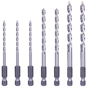 nordwolf 7-piece hss brad point wood drill bit set with 1/4" hex shank for carpenter woodworking, sae sizes 1/8"(x3)-3/16"(x2)-1/4"(x2)