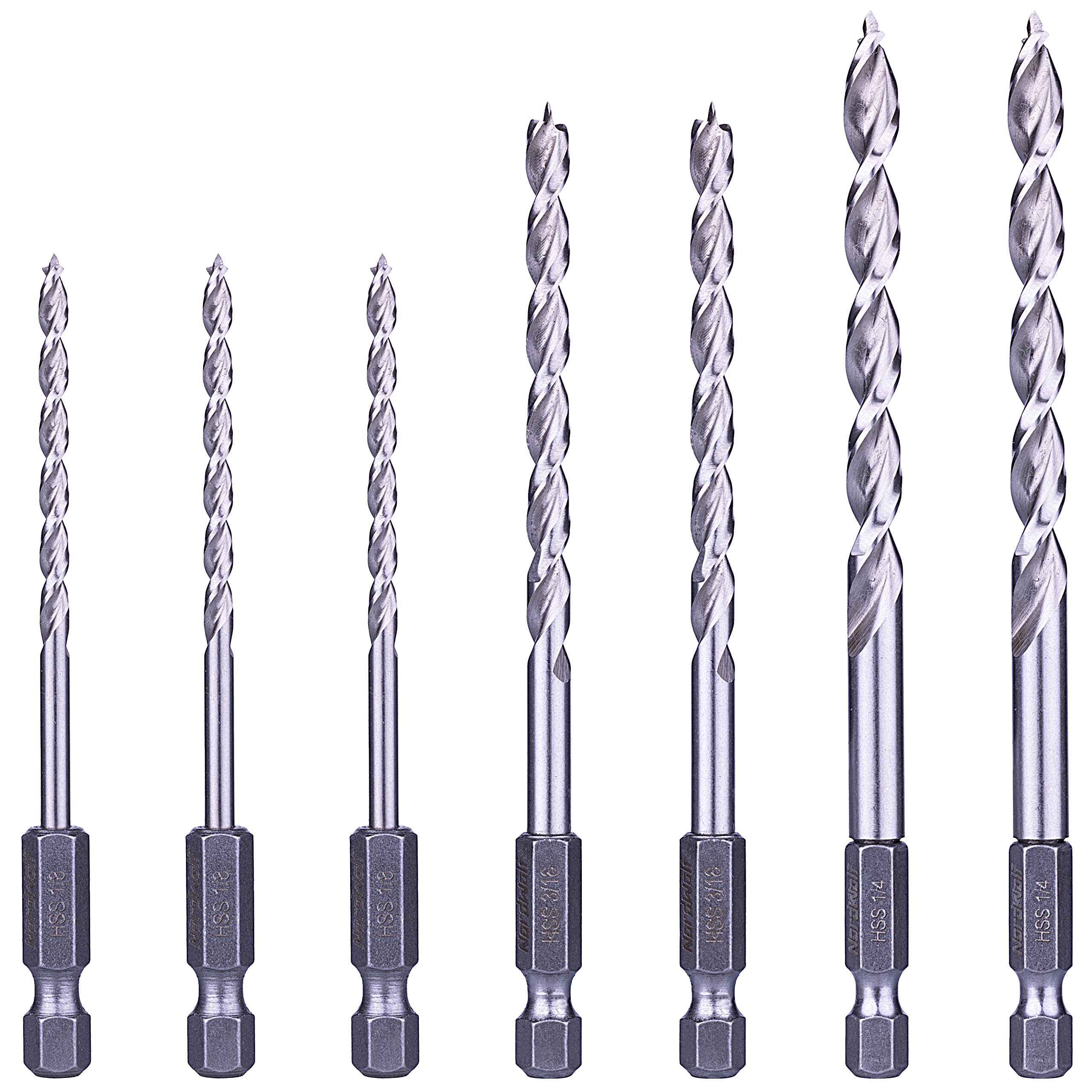 NordWolf 7-Piece HSS Brad Point Wood Drill Bit Set with 1/4" Hex Shank for Carpenter Woodworking, SAE Sizes 1/8"(x3)-3/16"(x2)-1/4"(x2)