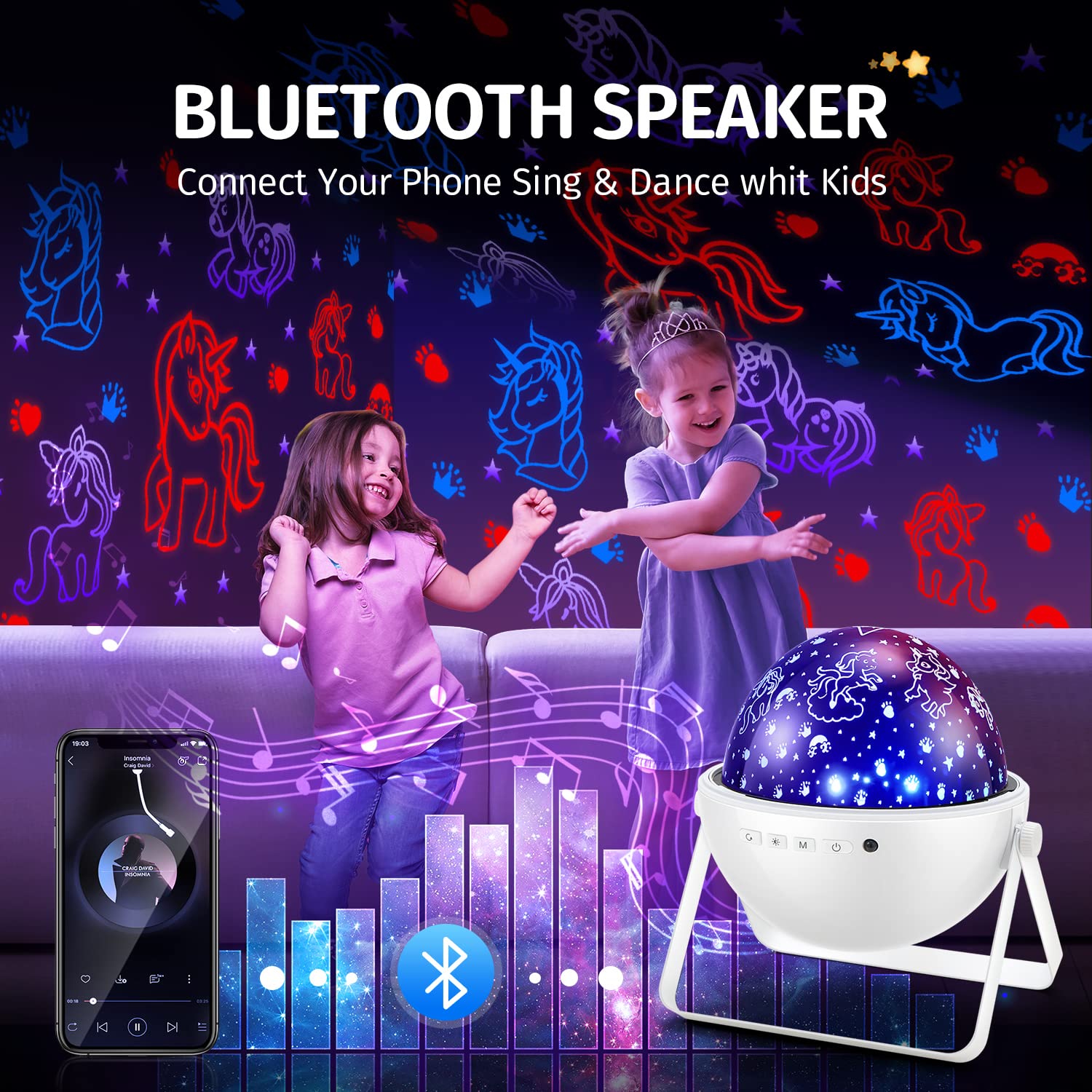 One Fire Kids Night Light Projector, 4 in1 Sound Machine Baby Night Light,Bluetooth Speaker Star Projector Night Light for Kids,4 Films 64 Light Modes Star Light Projector for Christmas Gifts for Kids