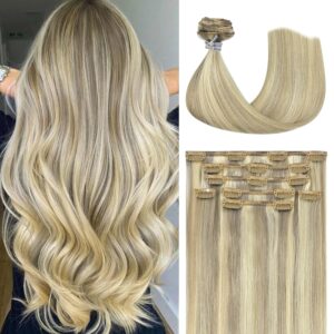 honsoo clip in hair extensions real human hair, balayage hair extensions mixed bleach blonde 12inch 70g 7pcs straight silky blonde hair extensions heat safe hair