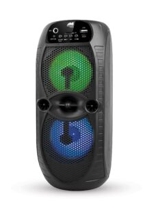 naxa electronics nds-4503 portable dual 4″ wireless party speaker with disco lights, up to 2 hours play time, fm tuner, usb port, microsd card slot, and 3.5mm input, black