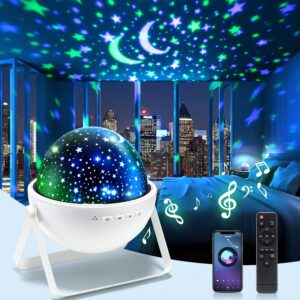 one fire kids night light projector, 4 in1 sound machine baby night light,bluetooth speaker star projector night light for kids,4 films 64 light modes star light projector for christmas gifts for kids