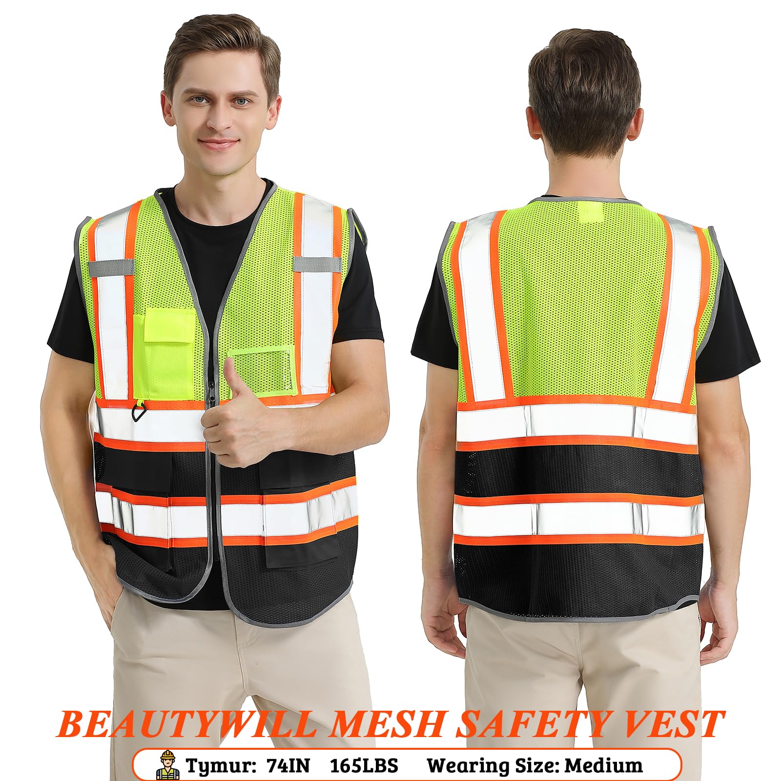 BeautyWill Custom Mesh Safety Vest Customized Logo Class2 High Visibility Reflective Vest with Pockets Construction workwear （Yellow Black，L ）