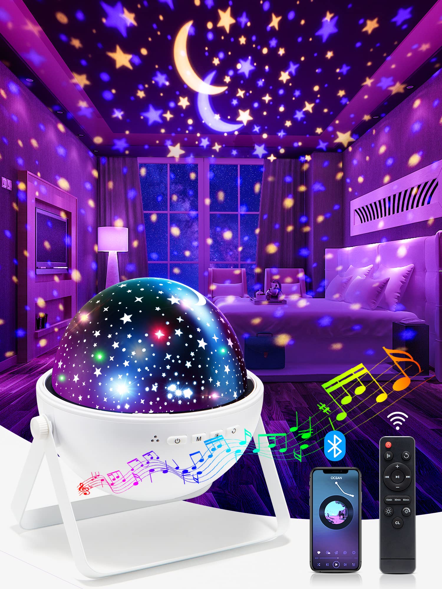 One Fire Kids Night Light Projector, 4 in1 Sound Machine Baby Night Light,Bluetooth Speaker Star Projector Night Light for Kids,4 Films 64 Light Modes Star Light Projector for Christmas Gifts for Kids