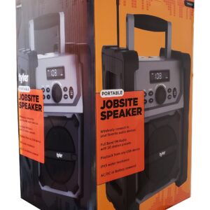 Tyler Bluetooth Jobsite Radio Speaker Wireless Battery Powered Or AC/DC - 100+ Feet Rang - USB - AUX Out - Full Band FM Radio - IPX5 Water Resistant - Outdoor Indoor Durable Portable Speaker TWS407