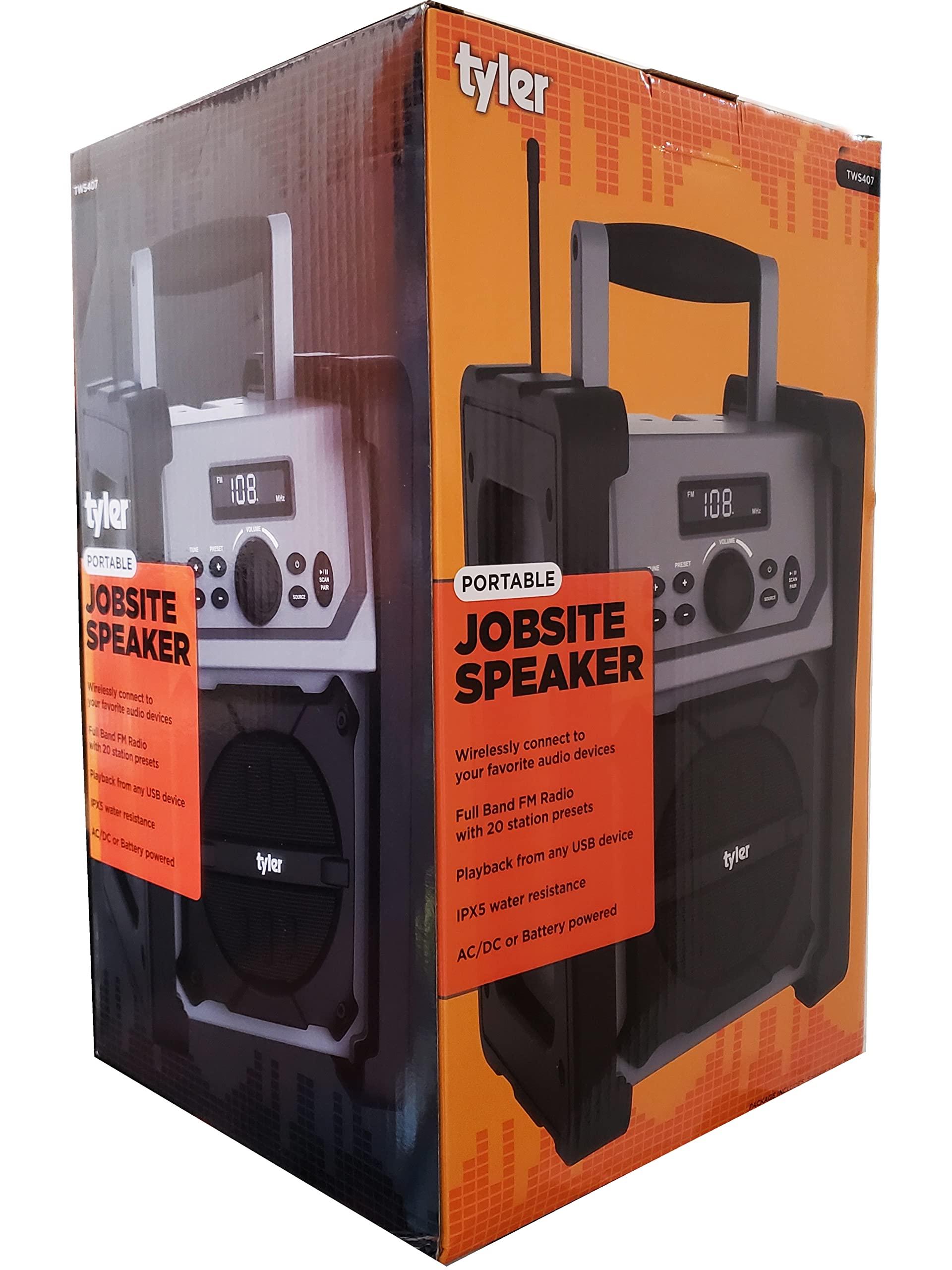 Tyler Bluetooth Jobsite Radio Speaker Wireless Battery Powered Or AC/DC - 100+ Feet Rang - USB - AUX Out - Full Band FM Radio - IPX5 Water Resistant - Outdoor Indoor Durable Portable Speaker TWS407