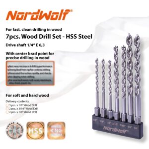 NordWolf 7-Piece HSS Brad Point Wood Drill Bit Set with 1/4" Hex Shank for Carpenter Woodworking, SAE Sizes 1/8"(x3)-3/16"(x2)-1/4"(x2)