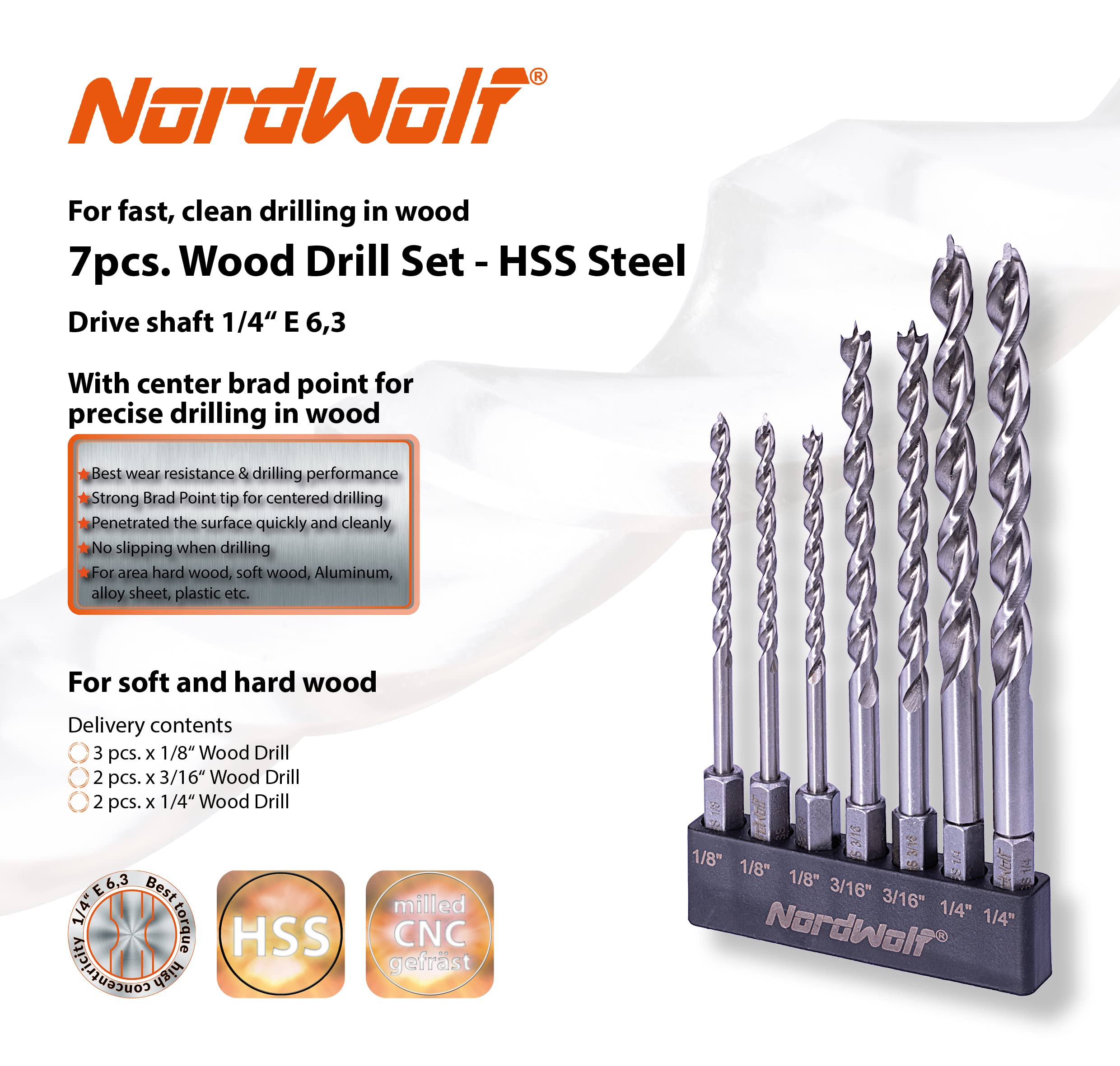 NordWolf 7-Piece HSS Brad Point Wood Drill Bit Set with 1/4" Hex Shank for Carpenter Woodworking, SAE Sizes 1/8"(x3)-3/16"(x2)-1/4"(x2)