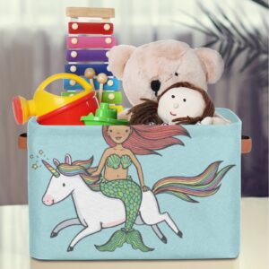 Cute Mermaid Rectangular Storage Basket, Mermaid Unicorn Fabric Storage Bin with Leather Handles Collapsible Storage Bin Nursery Hamper for Organizing Toys, Clothes, Books, Gift Baskets-1 Pcs