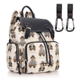 pipi bear diaper bag backpack with stroller straps, stylish jacquard travel diaper back pack for mom and dad, multi-function baby changing bag, maternity nappy bag for boys and girls, cream