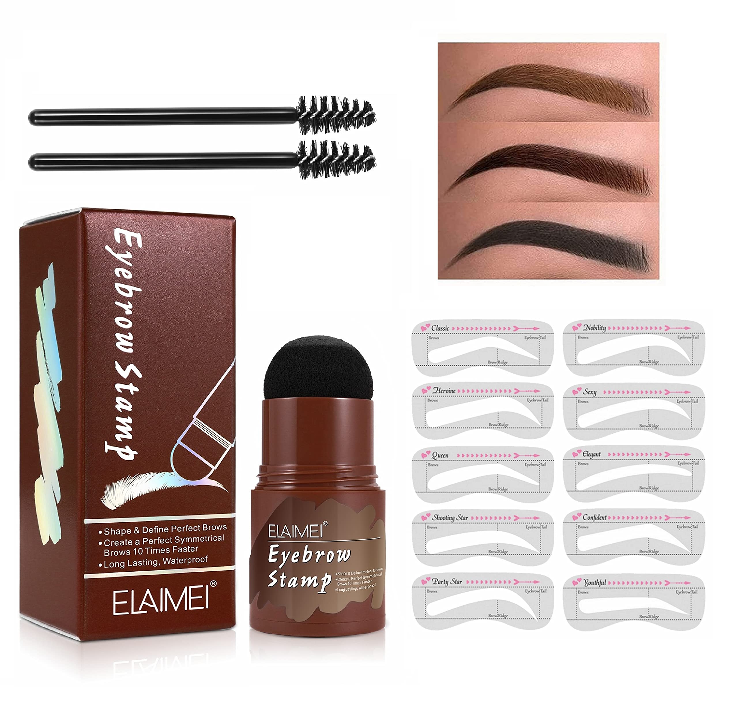 Eyebrow Stamp Stencil Kit, Eyebrow Stamp and Shaping Kit for Perfect Brow, Eyebrow Stamp Kit with 10 Styles Reusable Eyebrow Stencils, 2 Eyebrow Pen Brushes, Long Lasting & Waterproof ​(Dark Brown)