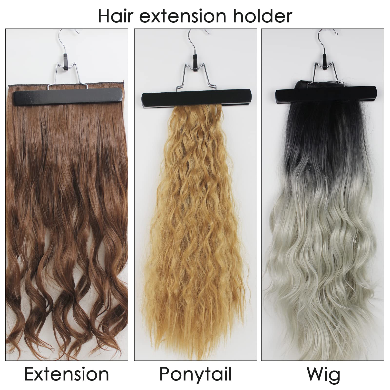 2 Pack Hair Extension Holder with Satin Storage Bag Wig Hanger Hairpieces Bag Wigs Carrier Case for Store Style Human Synthetic Hair Black Color