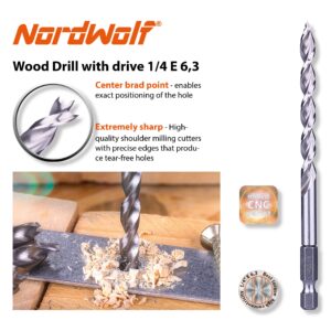 NordWolf 7-Piece HSS Brad Point Wood Drill Bit Set with 1/4" Hex Shank for Carpenter Woodworking, SAE Sizes 1/8"(x3)-3/16"(x2)-1/4"(x2)