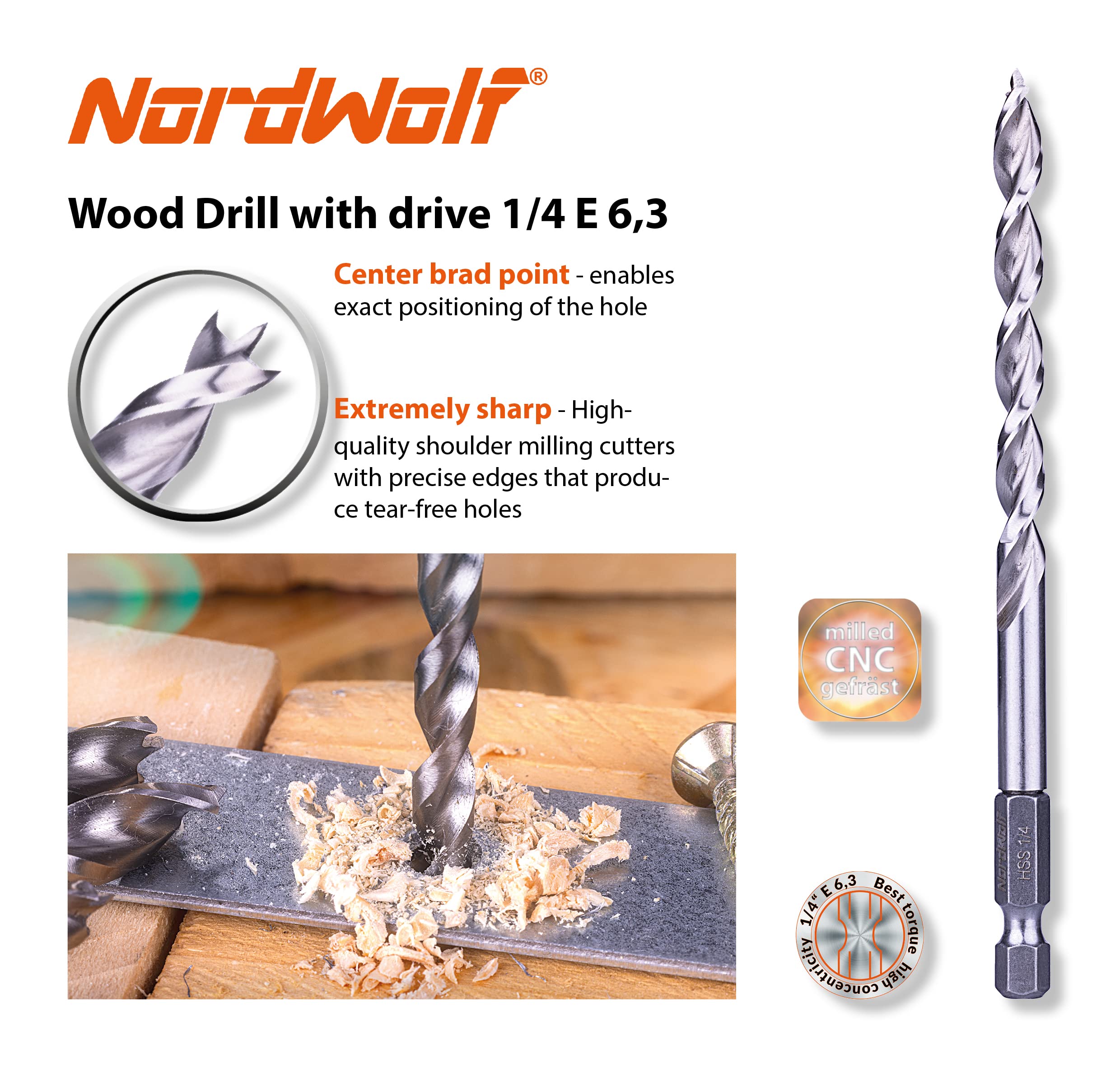 NordWolf 7-Piece HSS Brad Point Wood Drill Bit Set with 1/4" Hex Shank for Carpenter Woodworking, SAE Sizes 1/8"(x3)-3/16"(x2)-1/4"(x2)