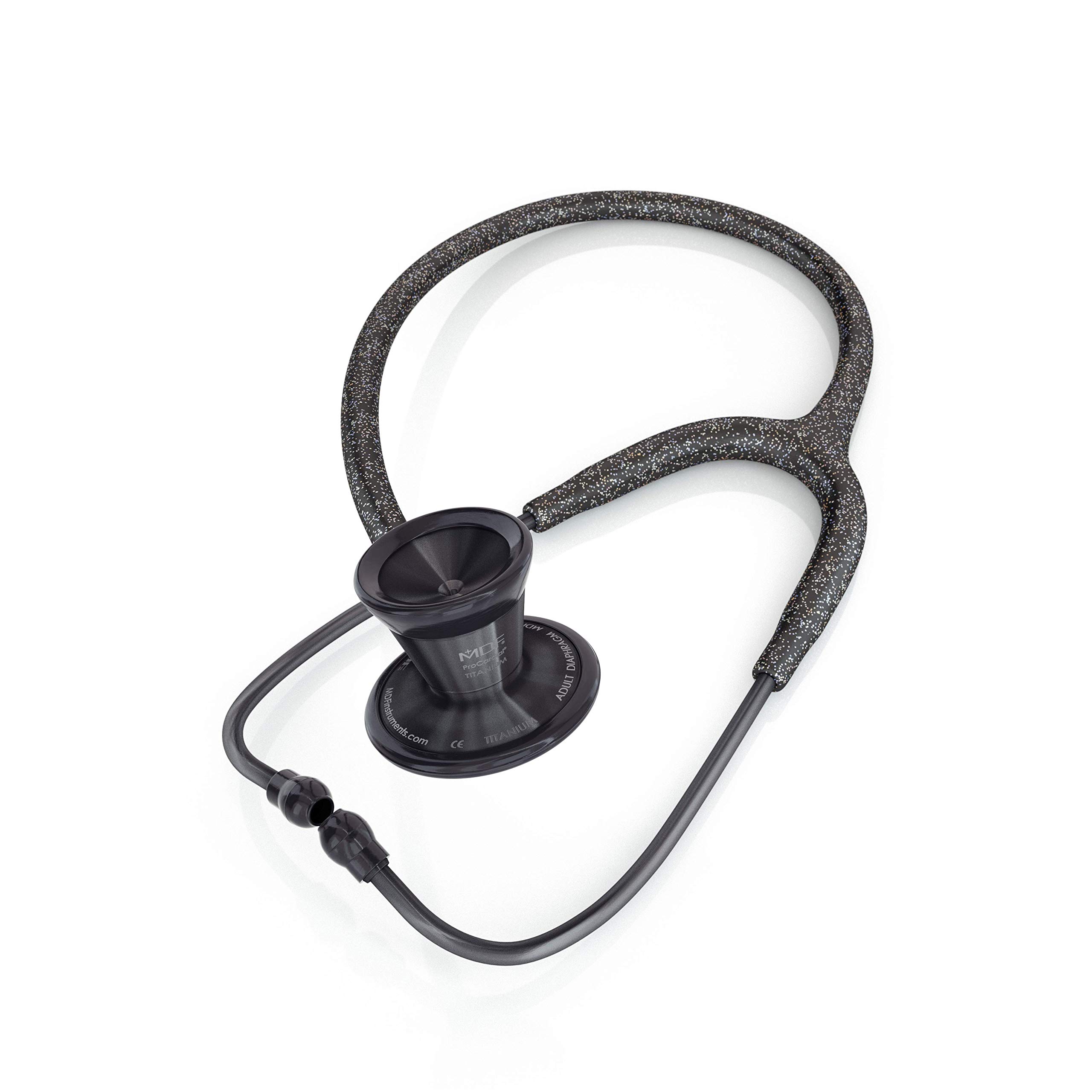 MDF Instruments Black Glitter Blackout ProCardial Cardiology Stethoscope, Lightweight Titanium, Black Glitter Tube, Blackout Chestpiece-Headset +MDF Pediatric and Neonatal Attachments with Clip