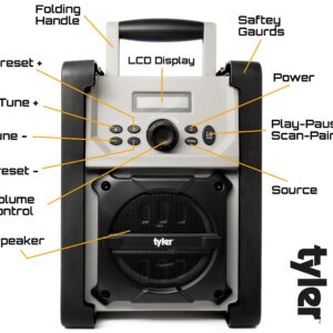 Tyler Bluetooth Jobsite Radio Speaker Wireless Battery Powered Or AC/DC - 100+ Feet Rang - USB - AUX Out - Full Band FM Radio - IPX5 Water Resistant - Outdoor Indoor Durable Portable Speaker TWS407