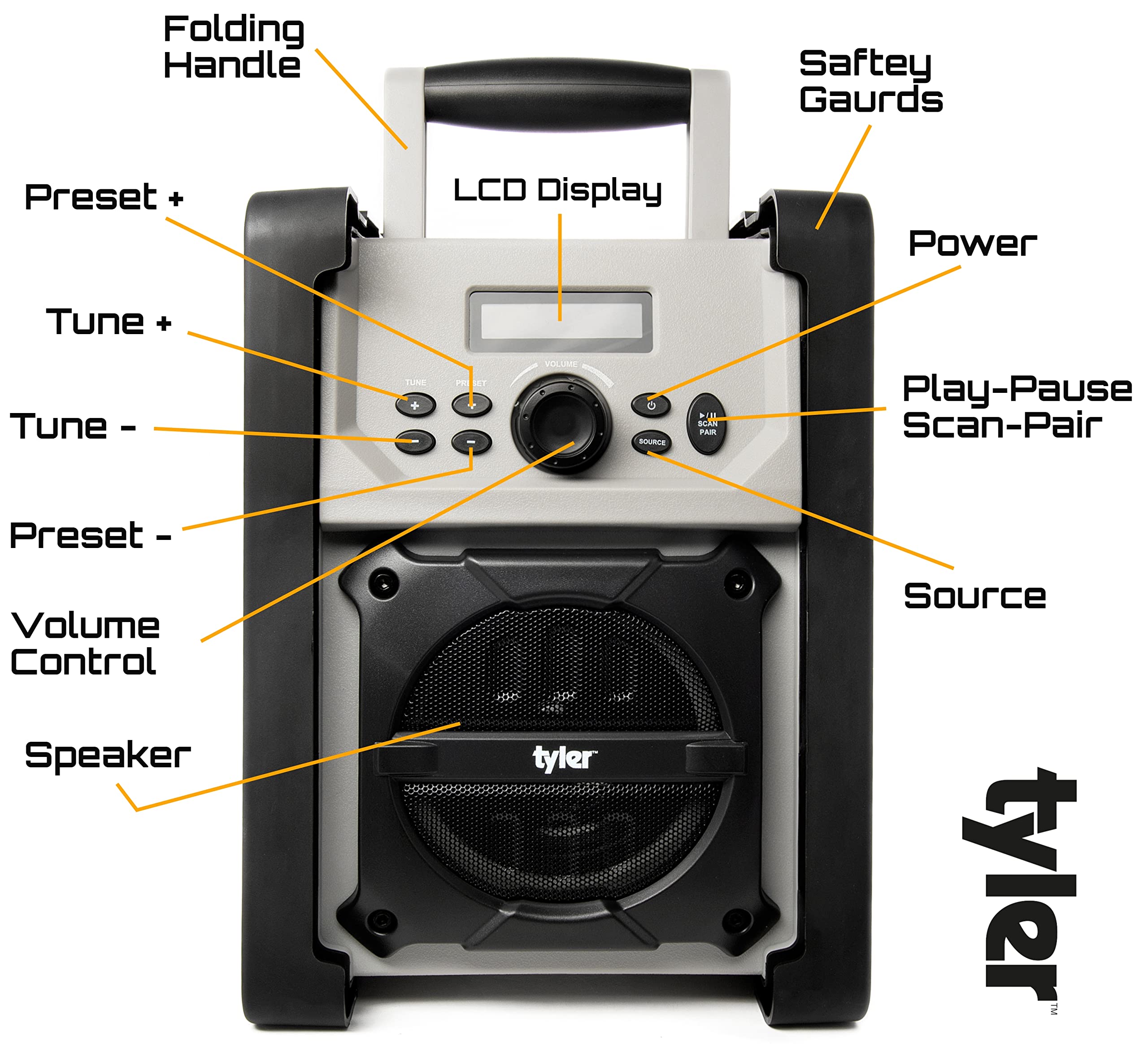 Tyler Bluetooth Jobsite Radio Speaker Wireless Battery Powered Or AC/DC - 100+ Feet Rang - USB - AUX Out - Full Band FM Radio - IPX5 Water Resistant - Outdoor Indoor Durable Portable Speaker TWS407