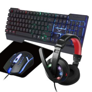 gaming keyboard and mouse and mouse pad and gaming headset, wired led rgb backlight bundle for pc gamers and xbox and ps4 users - 4 in 1, multi