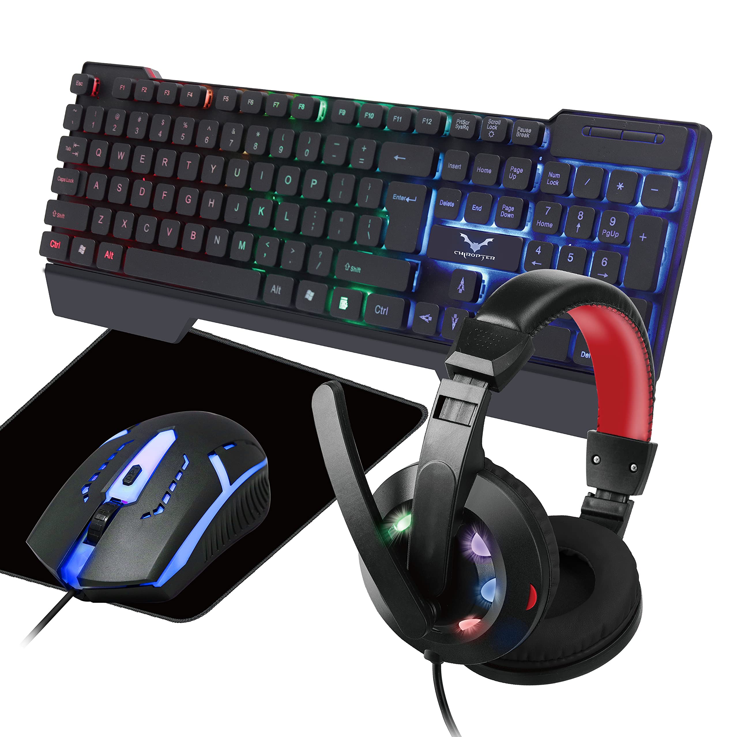 Gaming Keyboard and Mouse and Mouse pad and Gaming Headset, Wired LED RGB Backlight Bundle for PC Gamers and Xbox and PS4 Users - 4 in 1, Multi